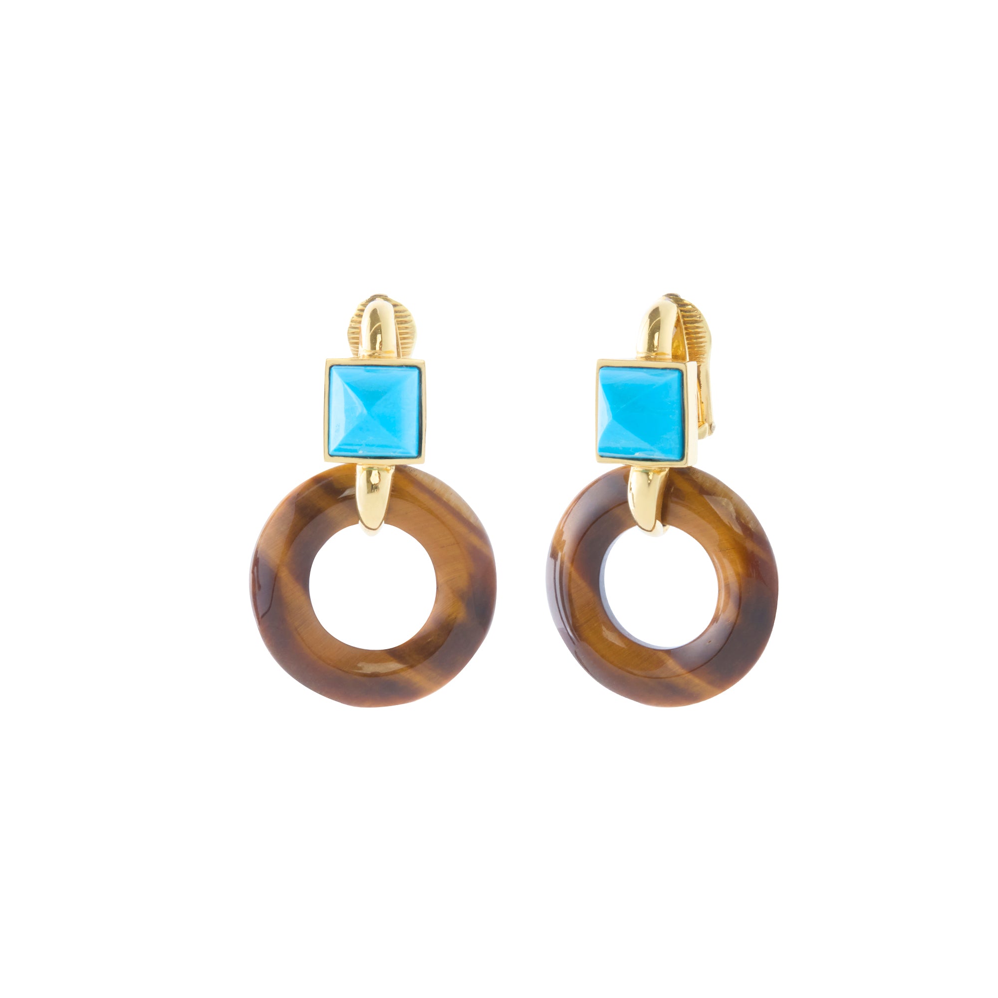 Aldo Cipullo Hoop Earrings Tiger s Eye and Turquoise